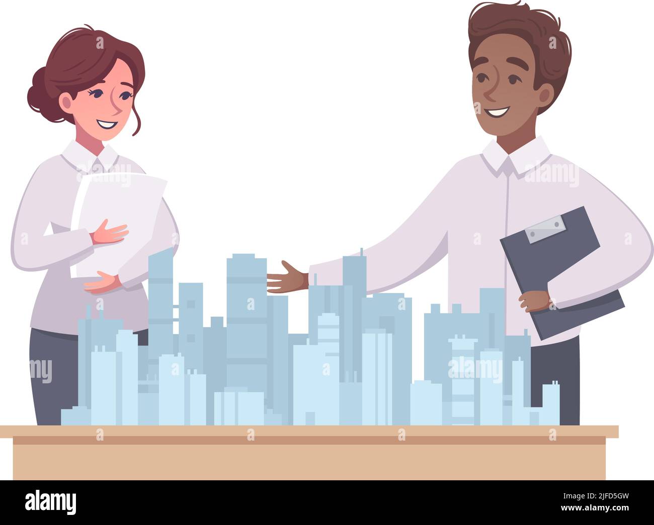 Architect showing model of city buildings cartoon composition vector ...