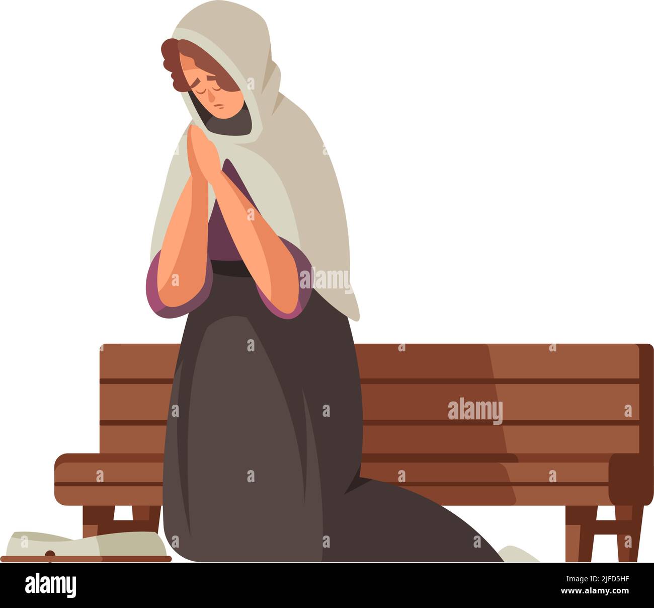Cartoon poor medieval woman on her knees near wooden bench vector ...