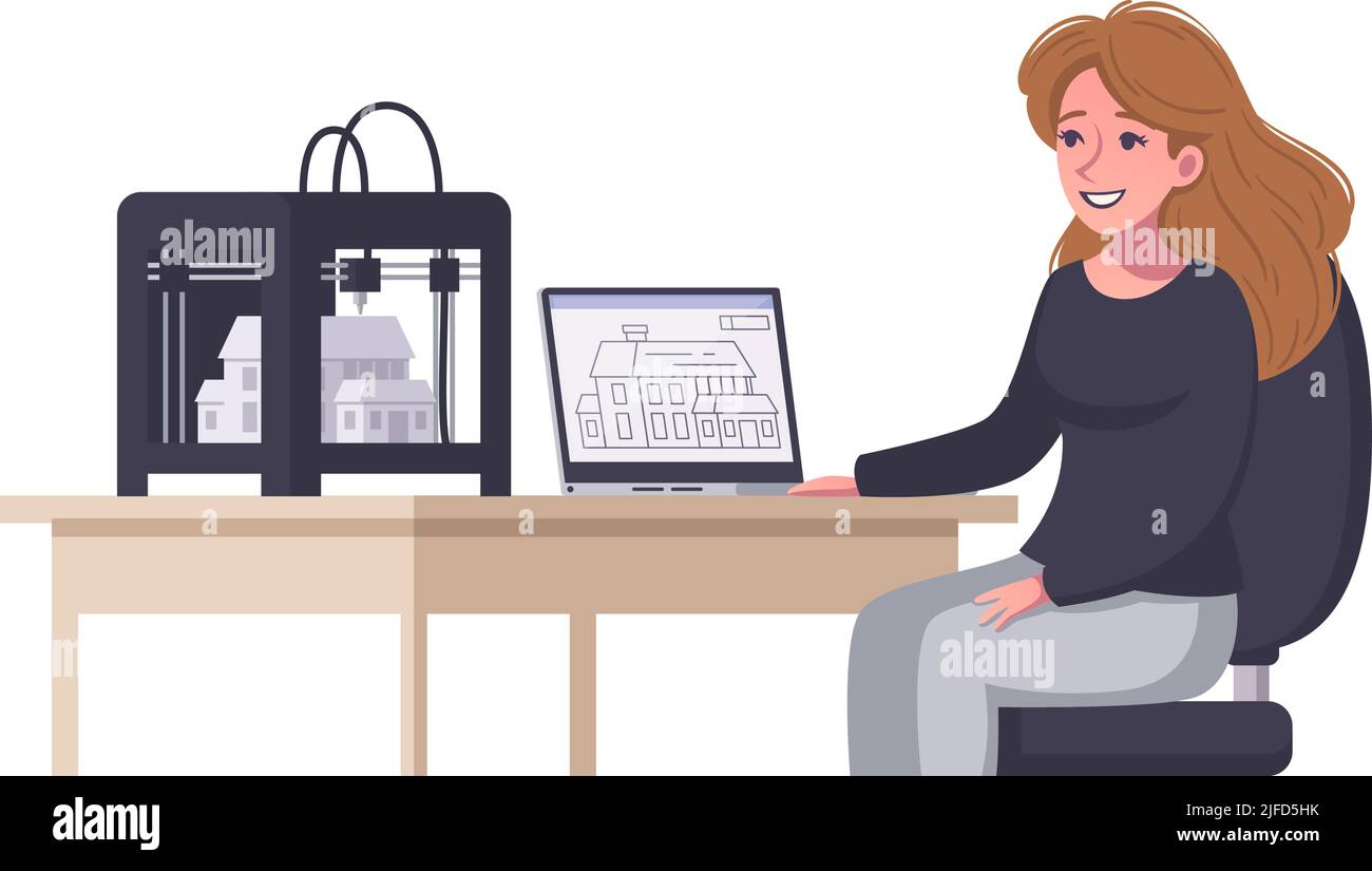 Smiling woman architect printing house model on 3d printer cartoon ...
