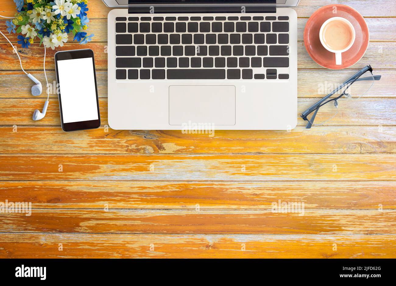Flat Lay Office Desk Table With Cup Of Coffeelaptop Computer Glasses
