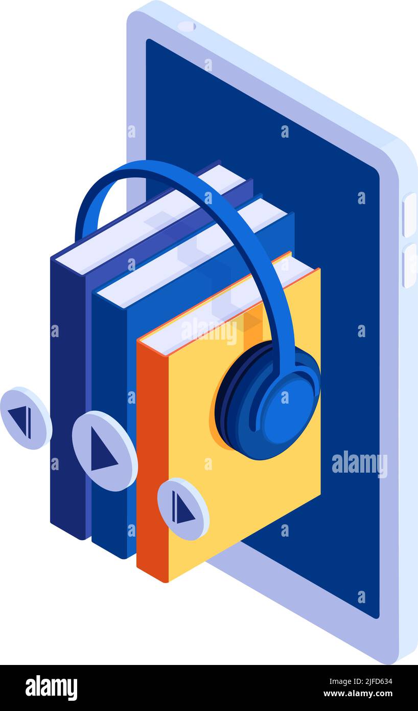 Online audio books library concept with 3d gadget and headphones ...