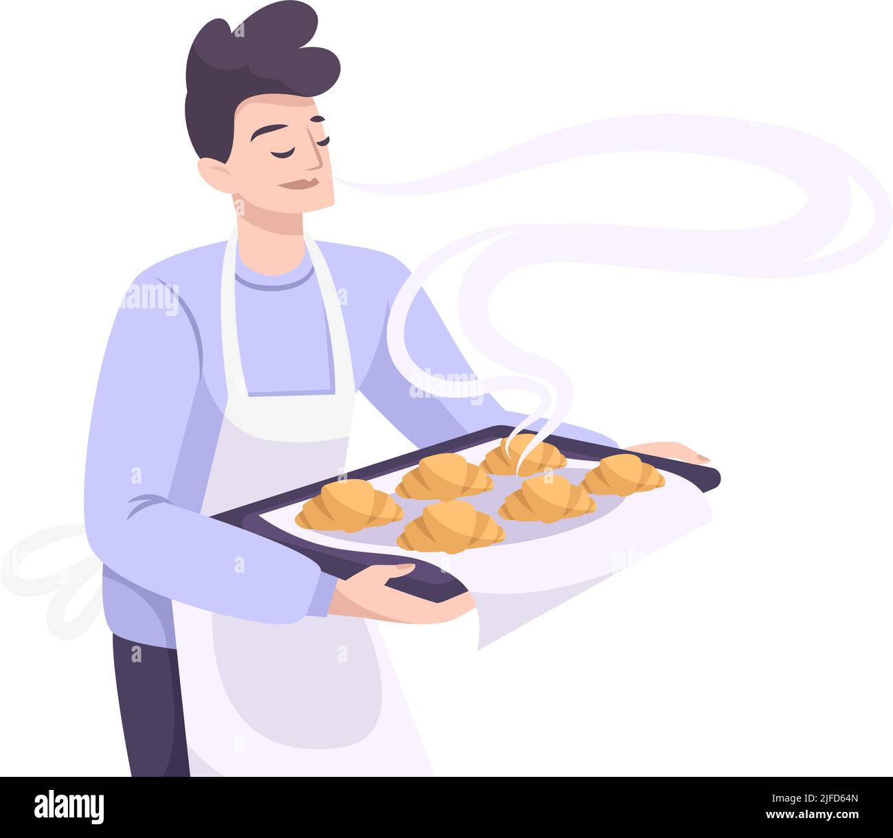 Bakery set flat composition with male character holding tray with ...