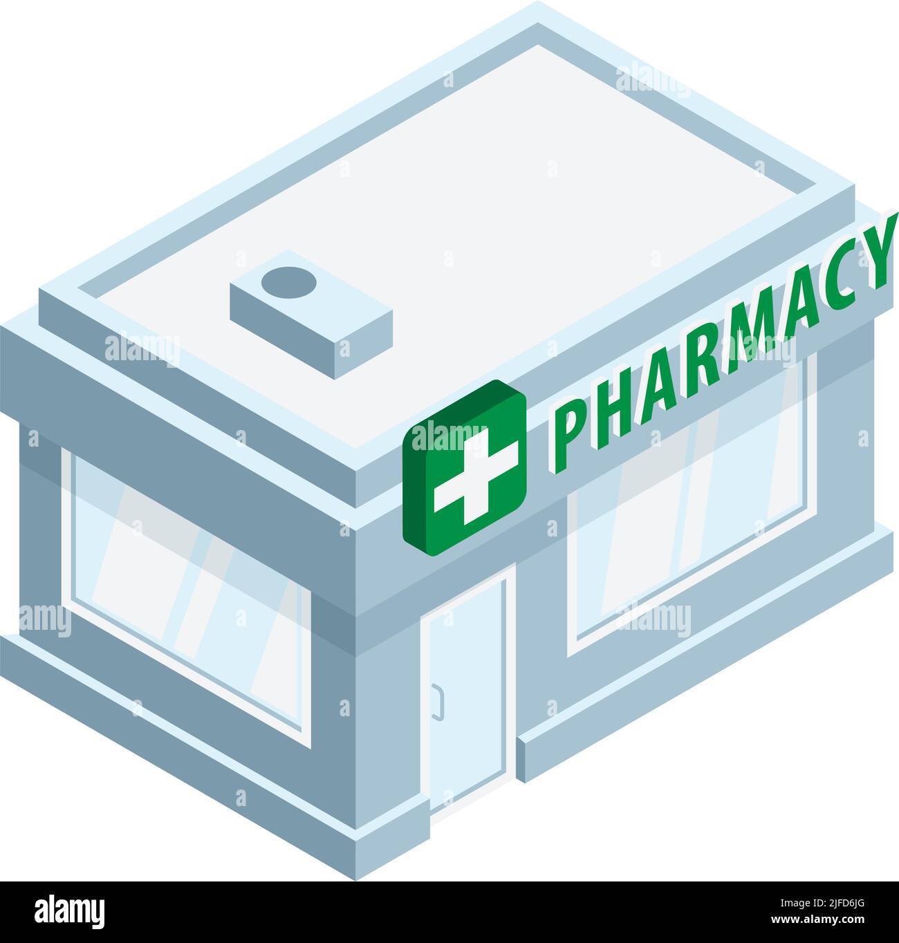 Pharmacy building exterior with green sign isometric icon on white ...