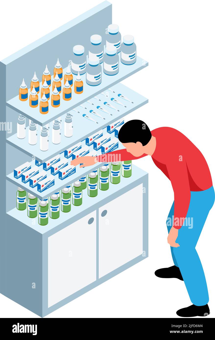 Pharmacy isometric icon with man taking medicine from shelf vector ...