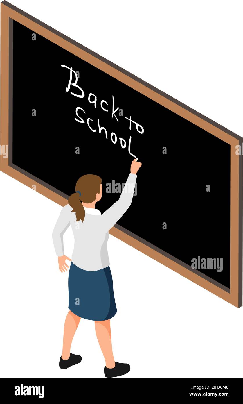 Girl writing back on school with chalk on black board 3d isometric ...