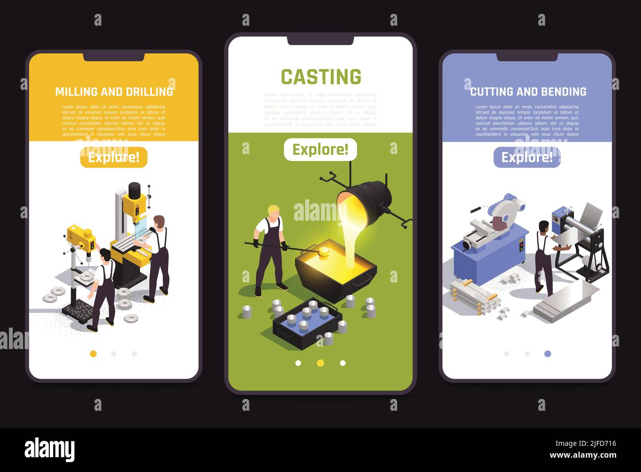 Metalworking operations 3 isometric mobile screens with turning lathe ...
