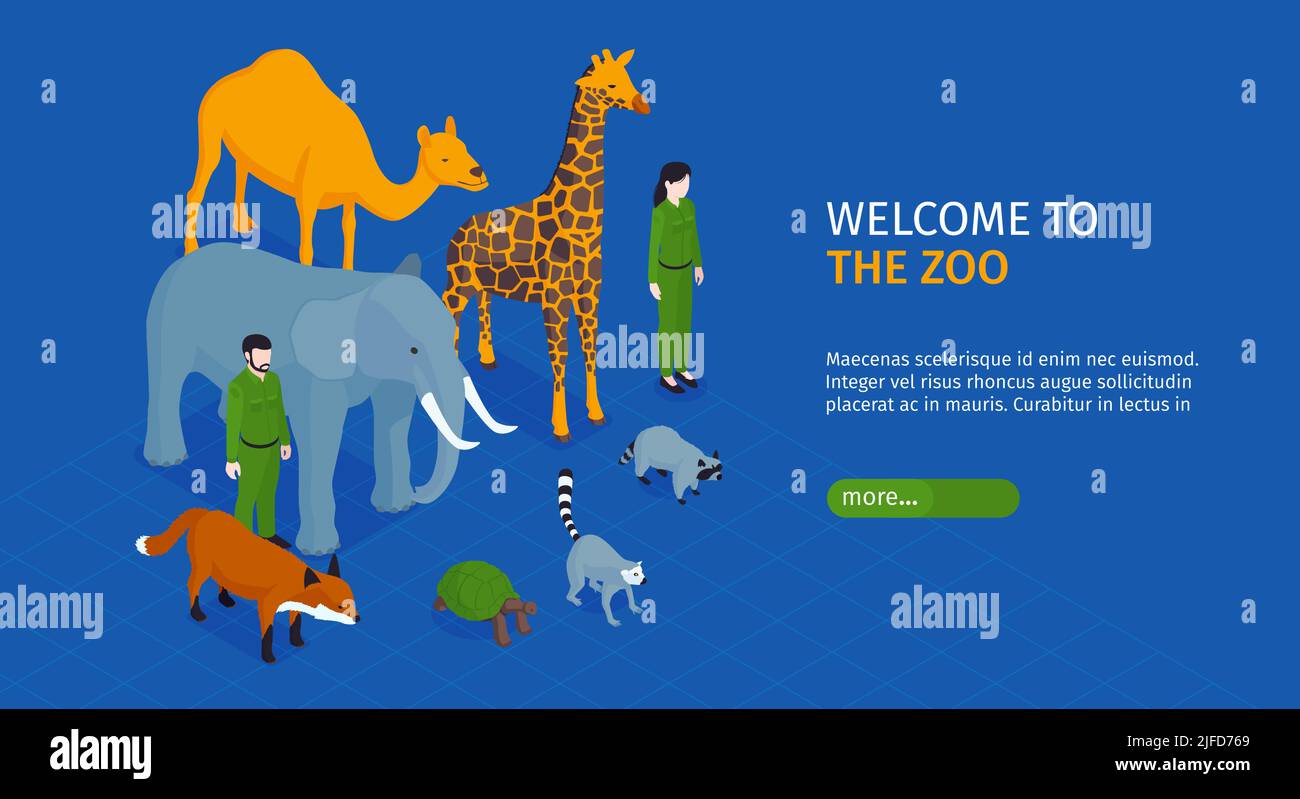 Isometric zoo horizontal banner with welcome to the zoo headline and ...