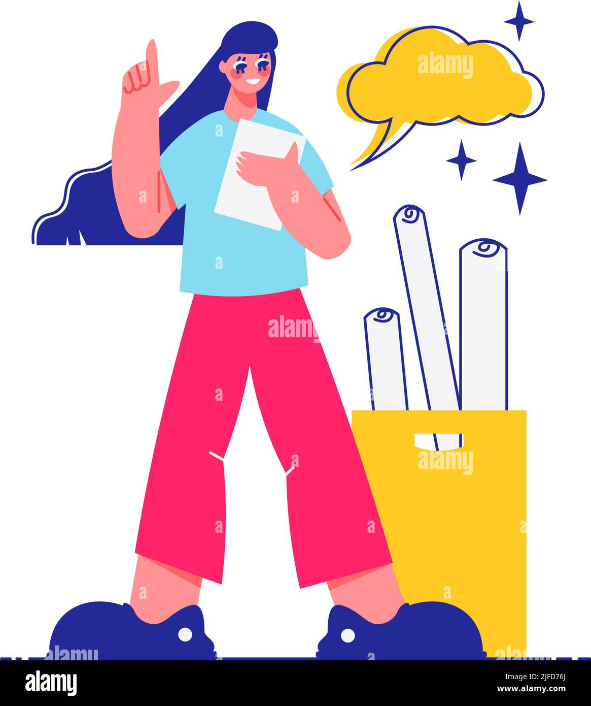 Brainstorm team work composition of female character with thought cloud ...