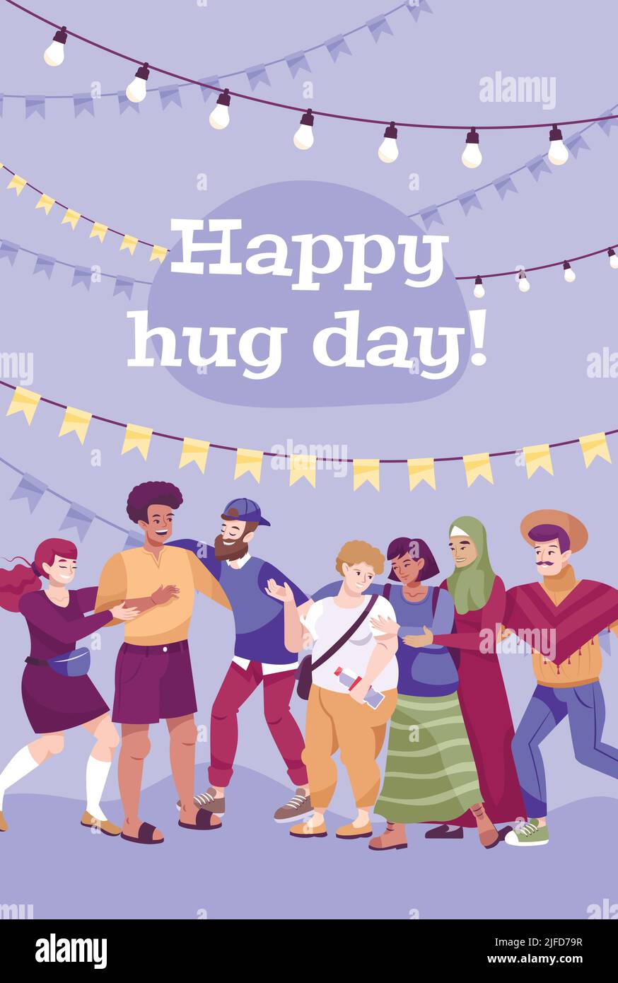 Hug day card flat composition group of friends hugs with decoration ...