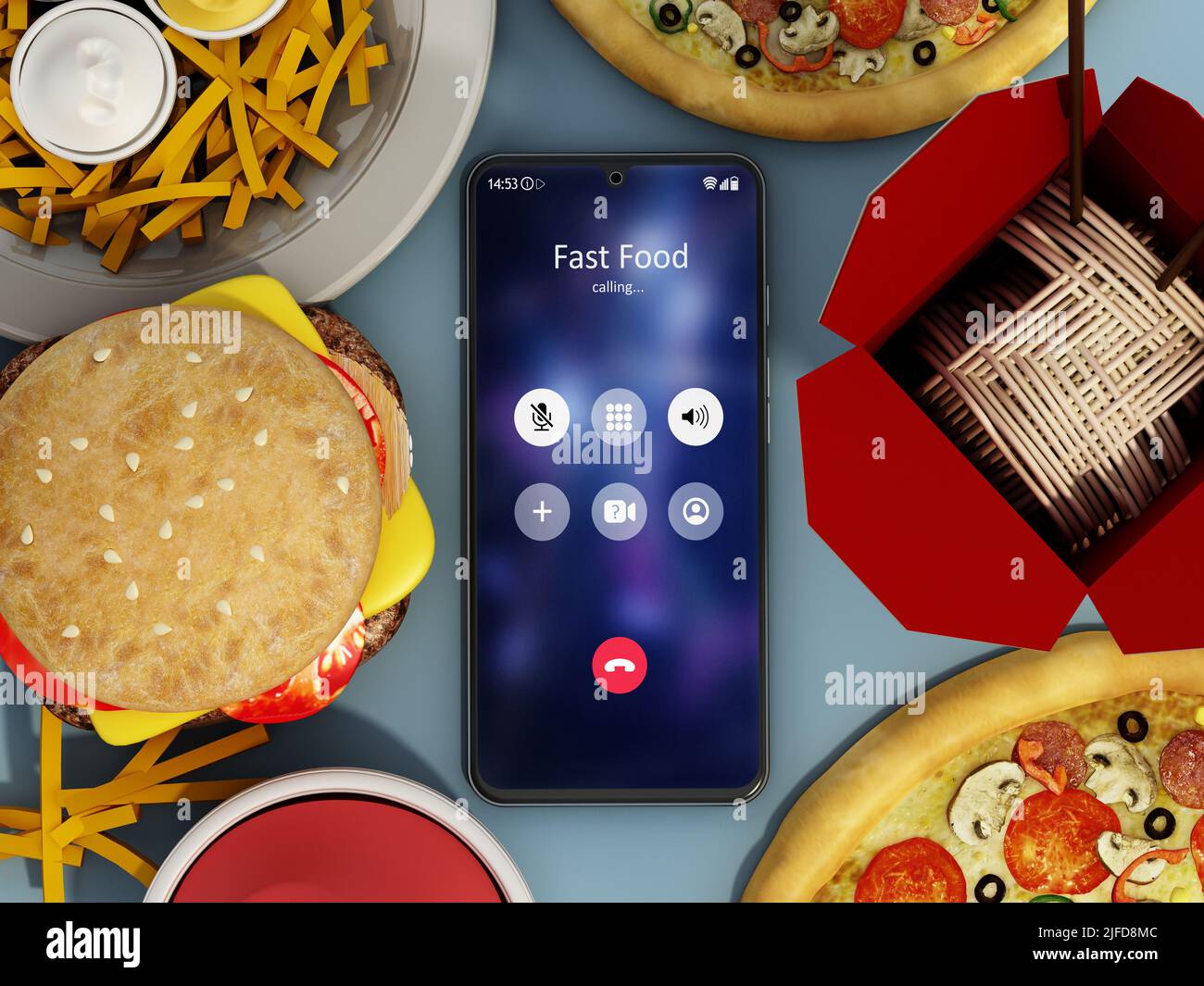 Fast foods and smartphone with fast food calling screen. 3D ...