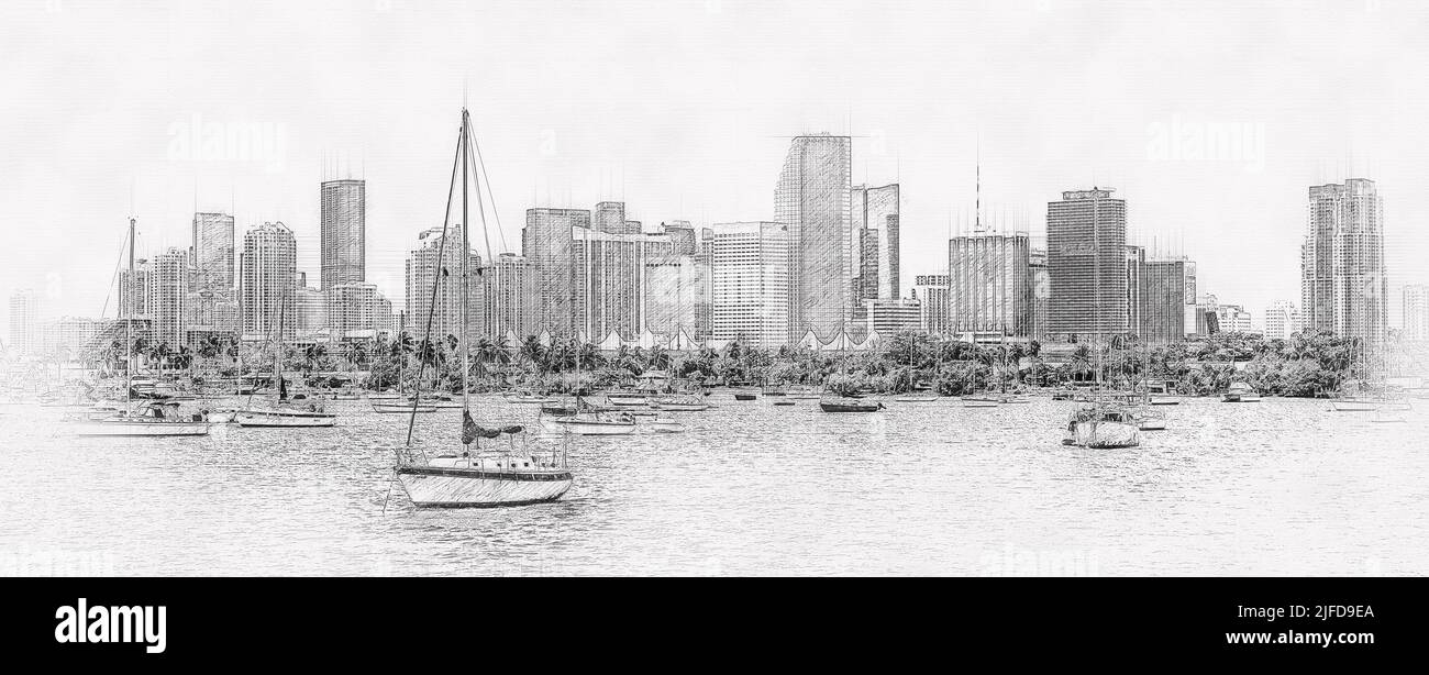 Miami skyline with yachts, boats and skyscrapers, hand drawn style ...