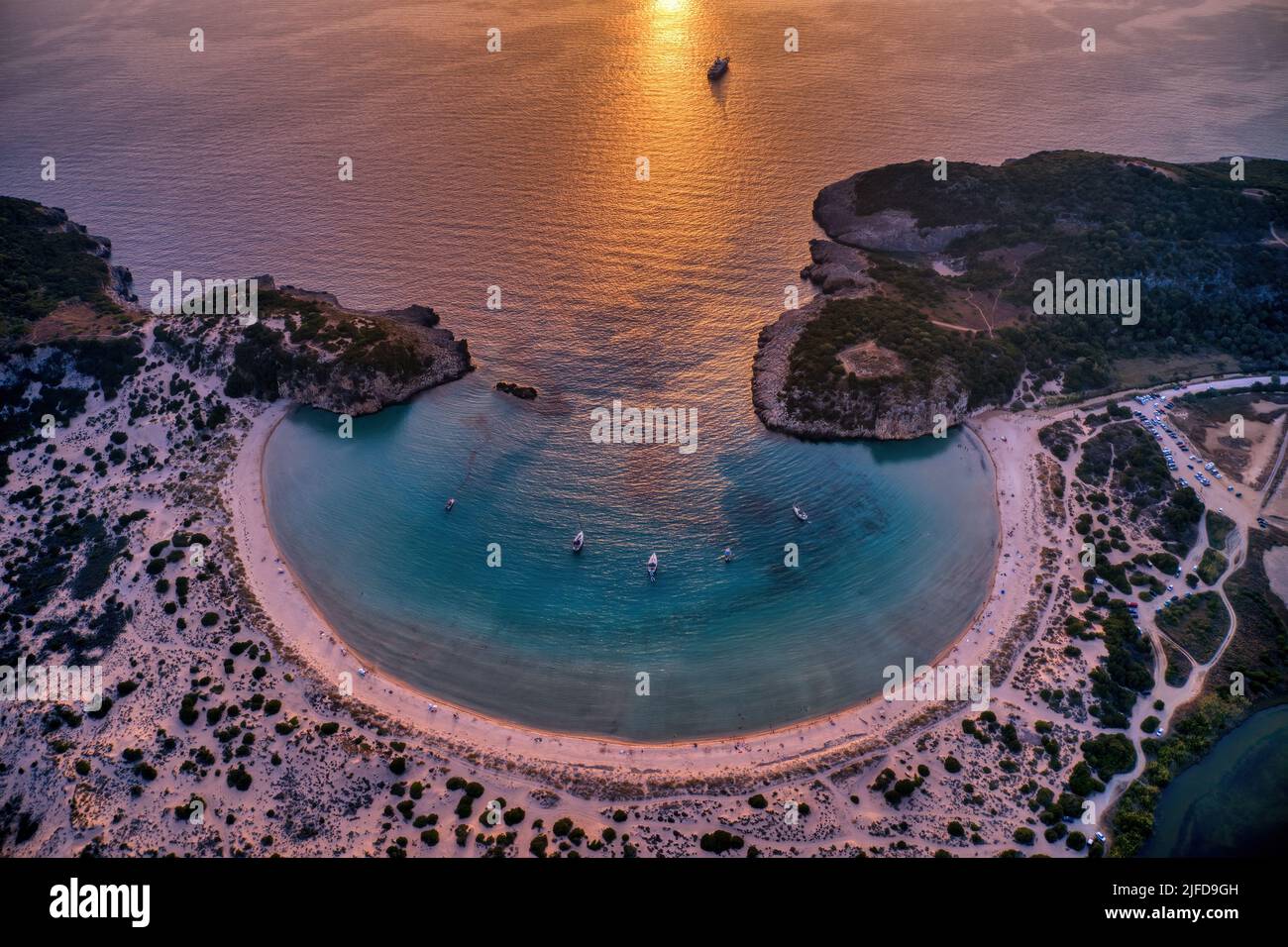 Panoramic aerial view of voidokilia beach at sunset, one of the best ...