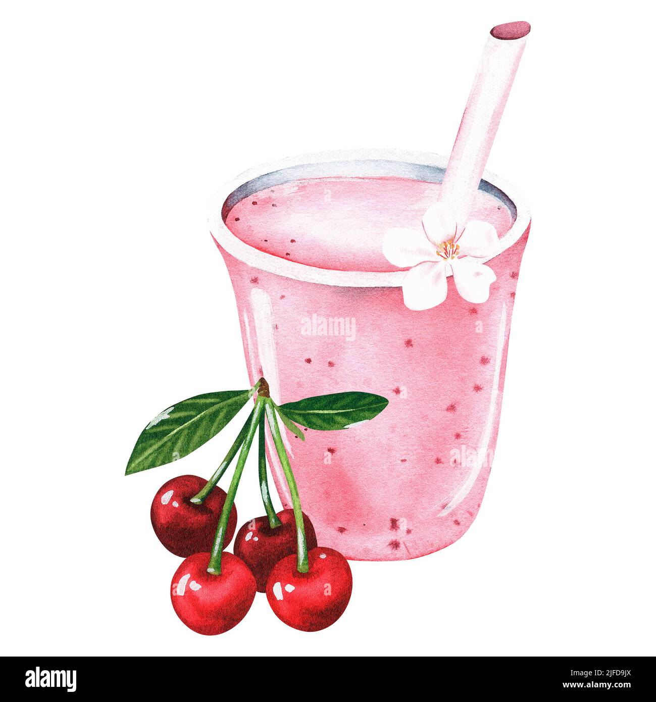 Cherry milkshake. Watercolor illustration. Isolated on a white ...