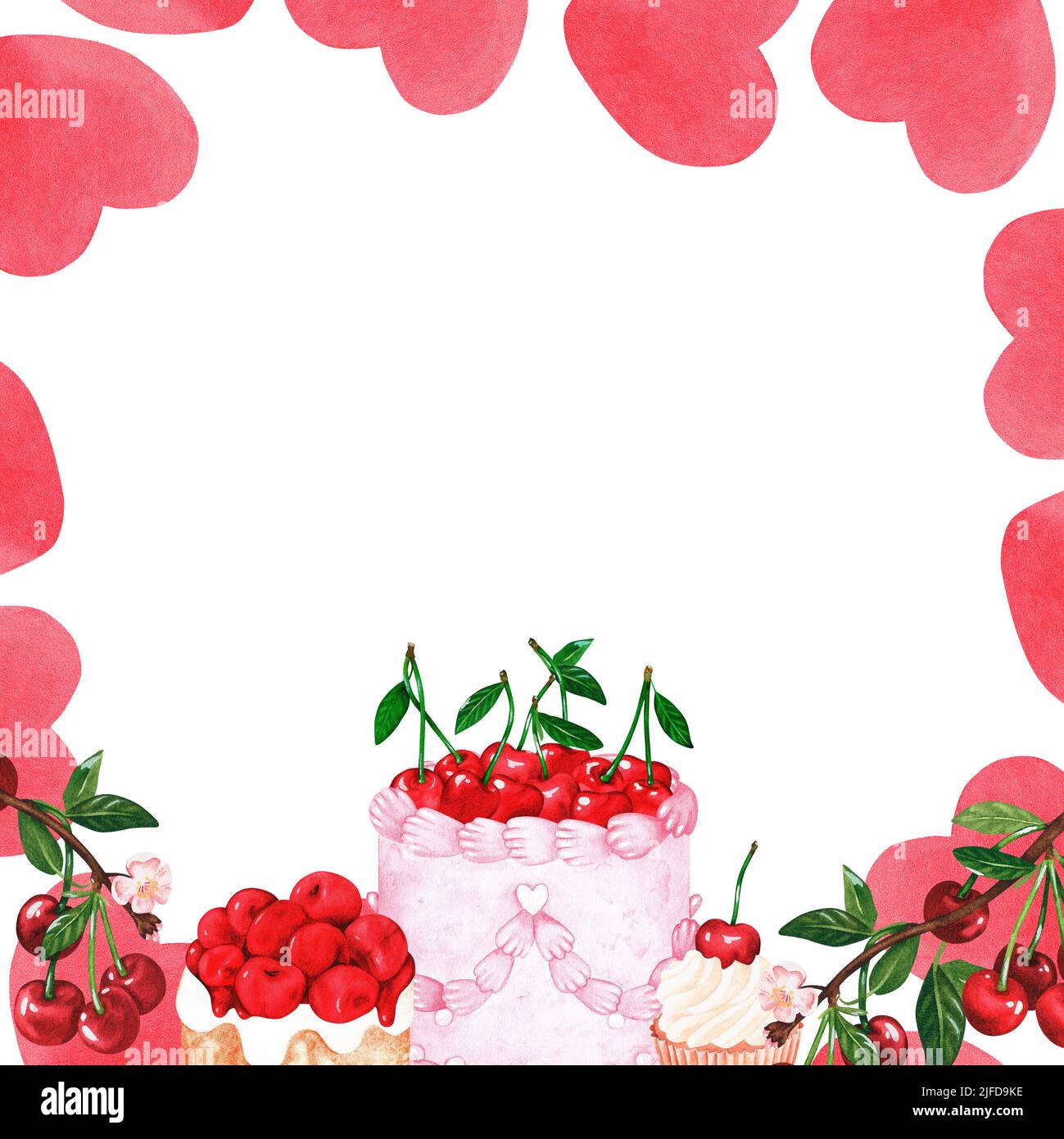 A square frame of cherry sweets and hearts. Cake and cupcake. Place for ...