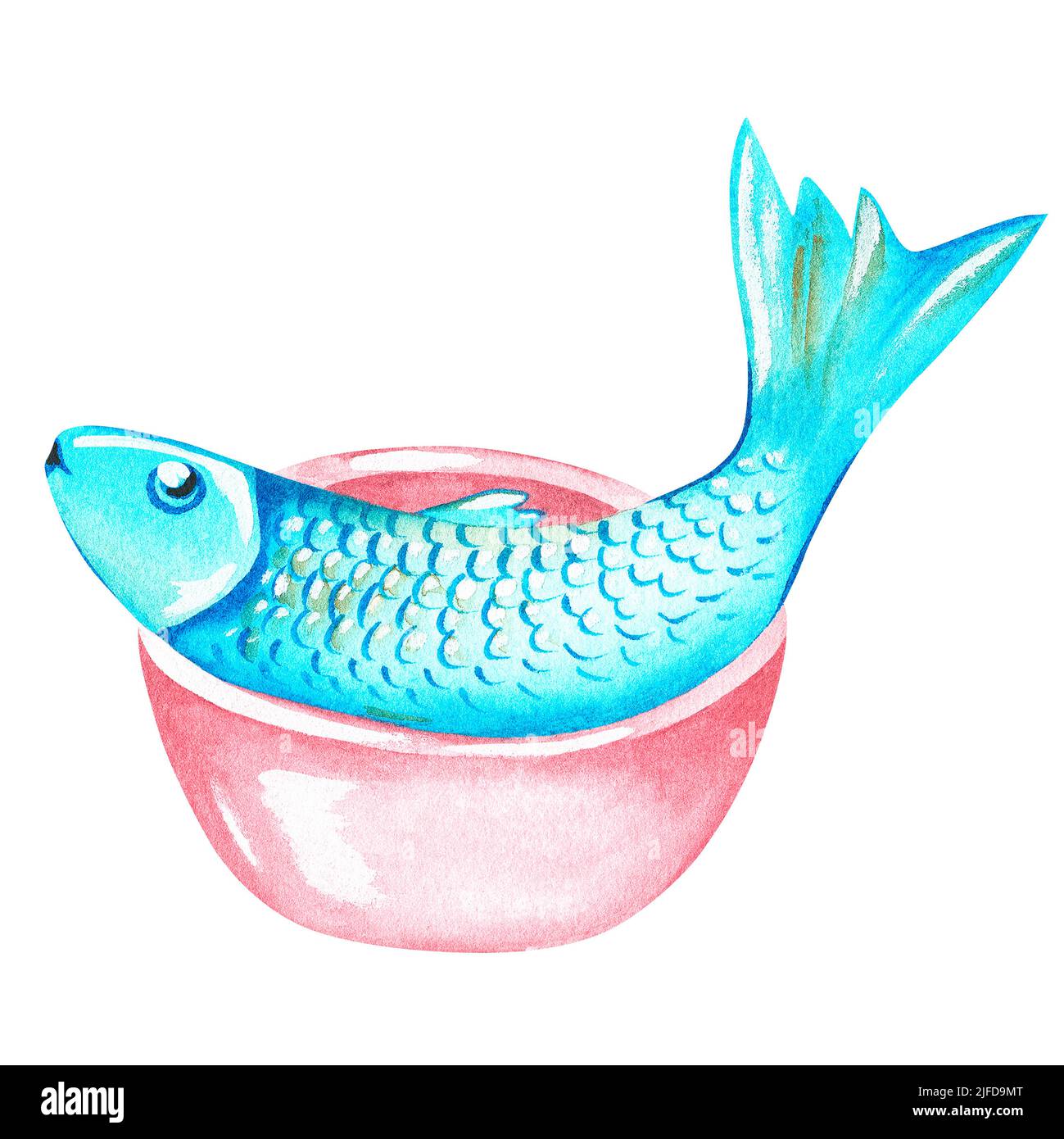 Fish in a plate. Cat food. Watercolor illustration. Isolated on a white ...