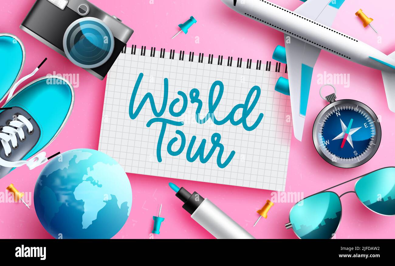 World tour vector concept design. World tour text with 3d decoration of ...