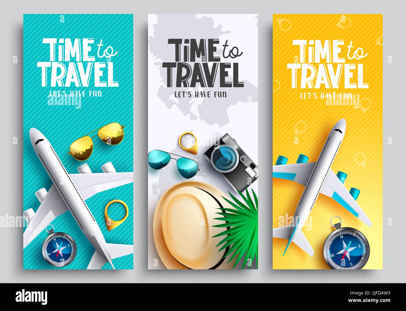 Travel time vector poster set. Time to travel text with 3d travelling ...