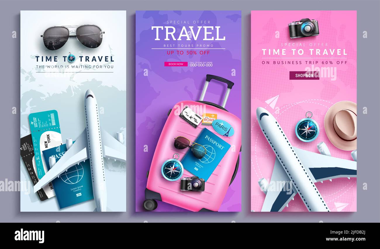 Travel promo vector poster set design. Time to travel text collection ...