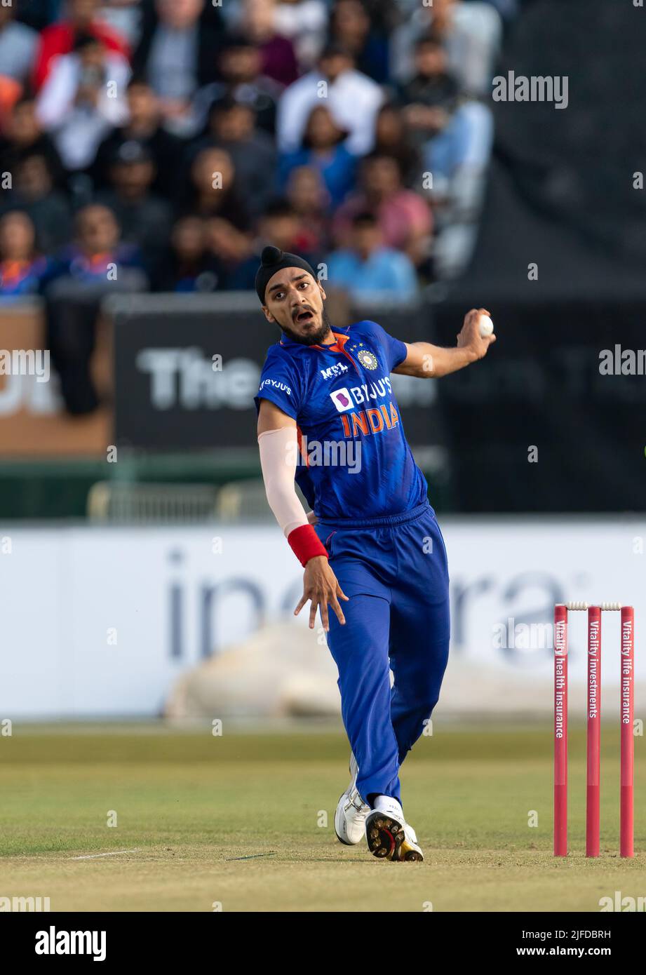 Arshdeep Singh bowling for India in a T20 Tour match against Derbyshire ...