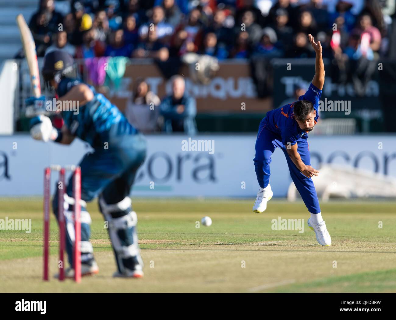 Umran Malik bowling for India in a T20 Tour match against Derbyshire ...