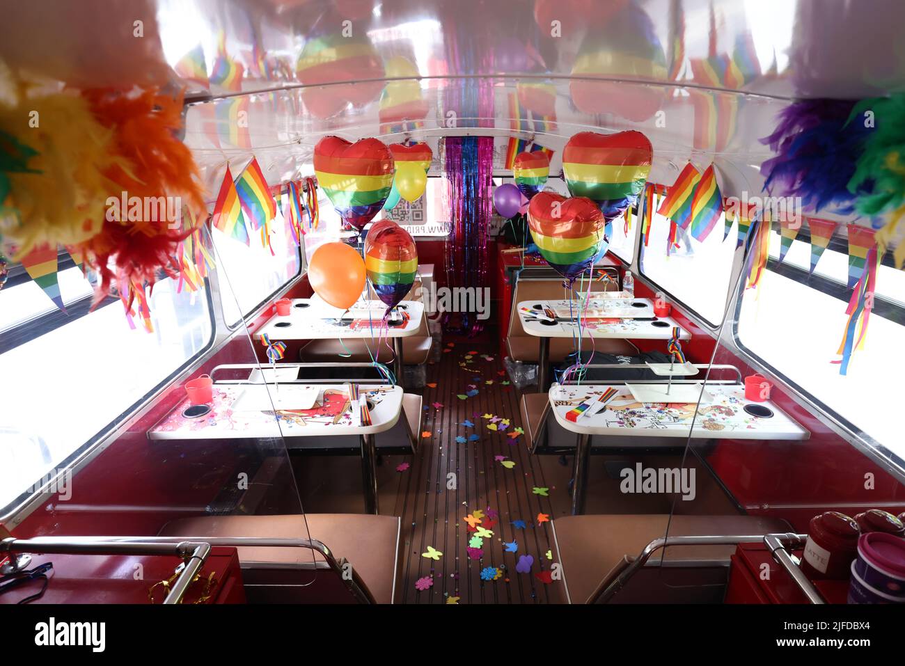 Pride decorations in a Routemaster bus ahead of the Pride in London ...