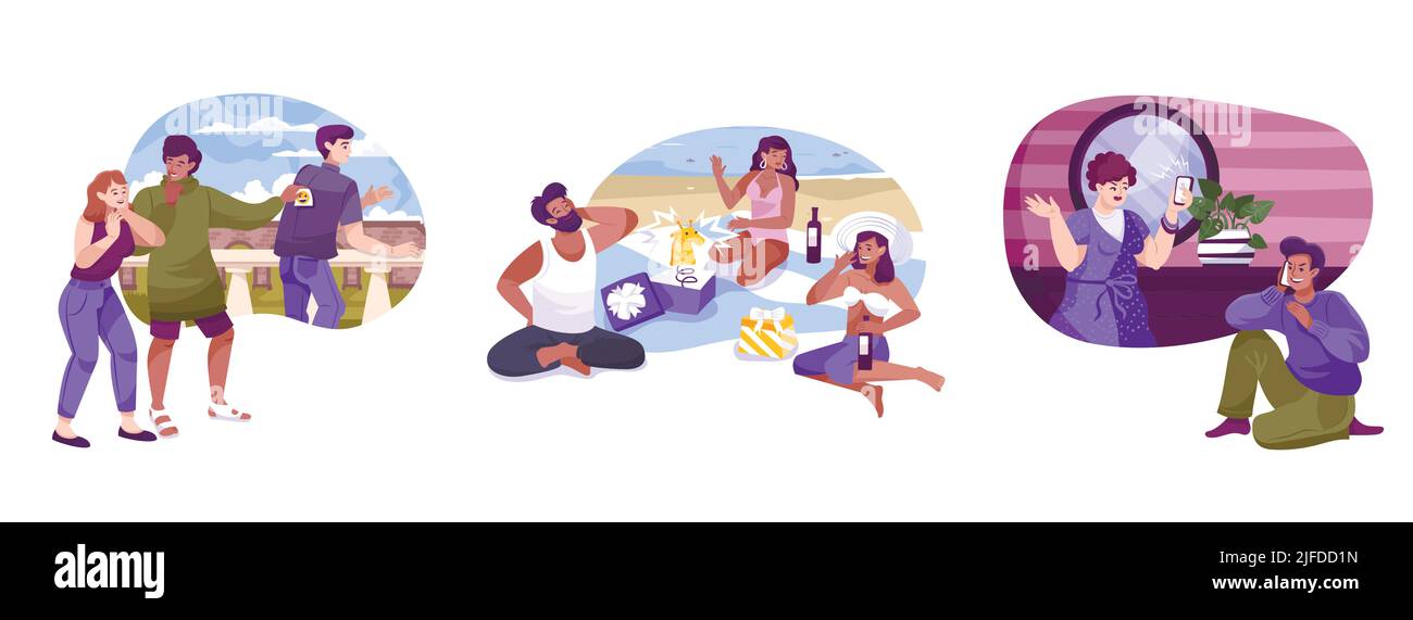 All fools set of three compositions with flat sceneries and characters ...