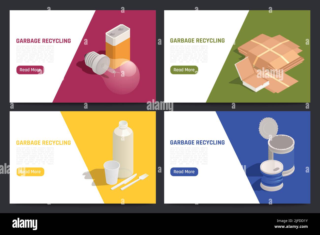 Garbage recycling horizontal web banners with information about sorting ...