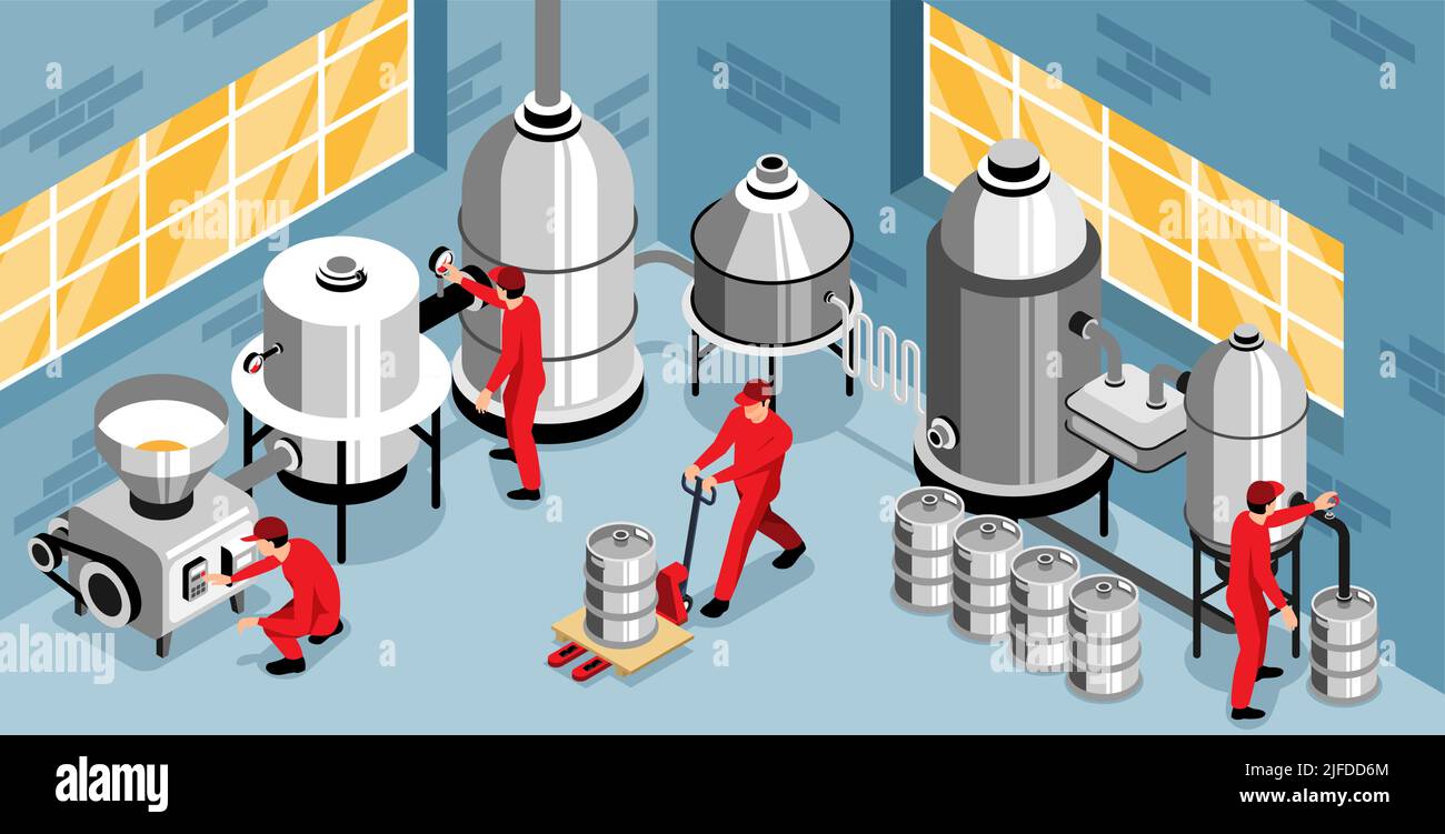 Brewery production process isometric interior view with workers ...