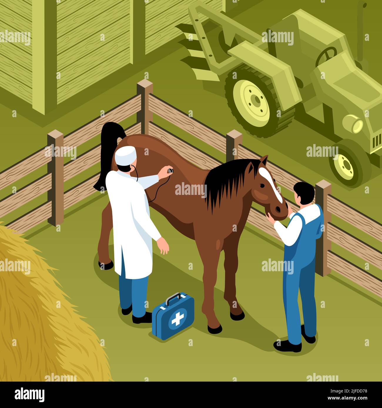 Veterinary ranch visit isometric composition farm vet examines standing ...