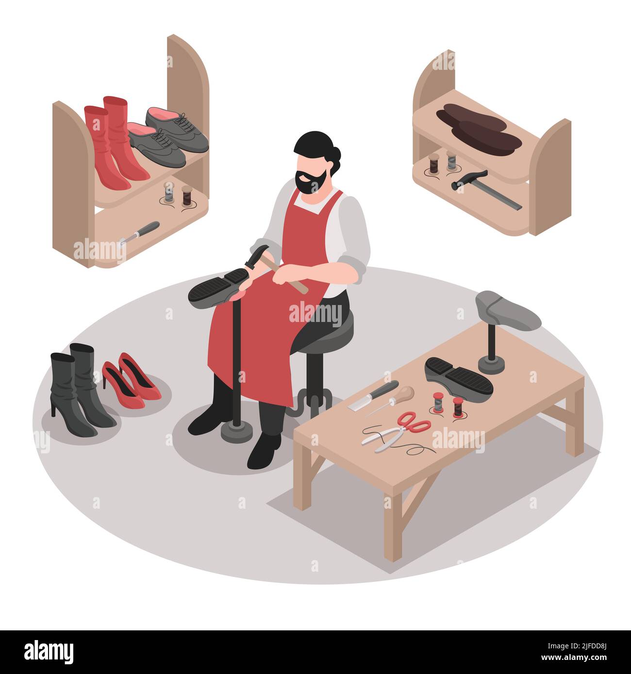Isometric shoemaker repairing male and female shoes by hand 3d vector ...