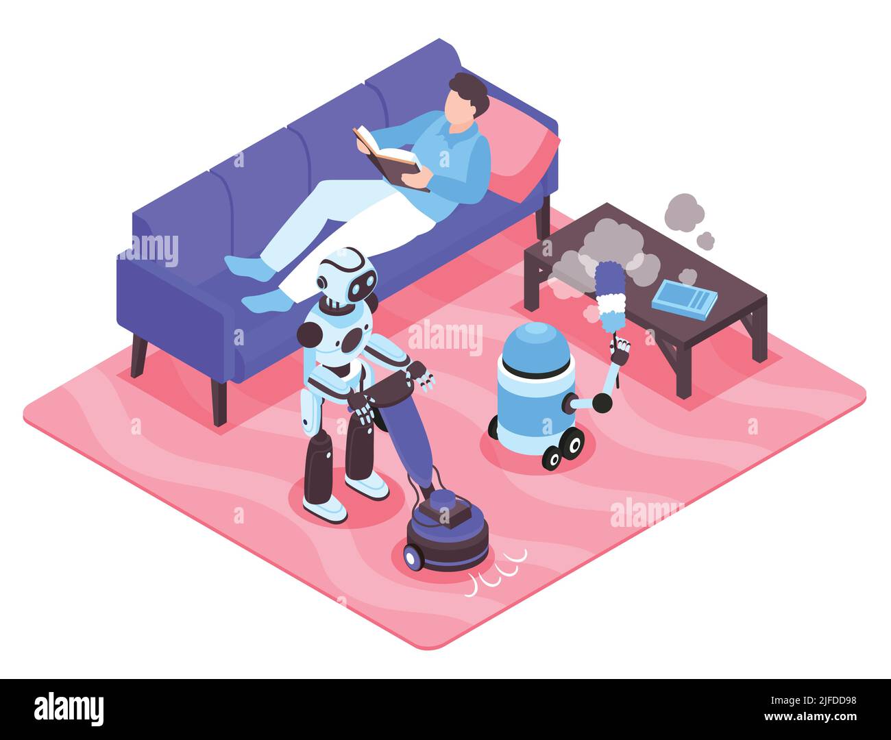 Robot helpers hoovering and dusting while man reading book on sofa ...