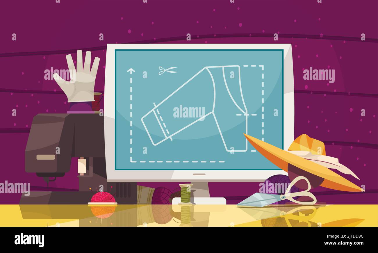 Cartoon tools of atelier tailor with computer scissors needle thread ...