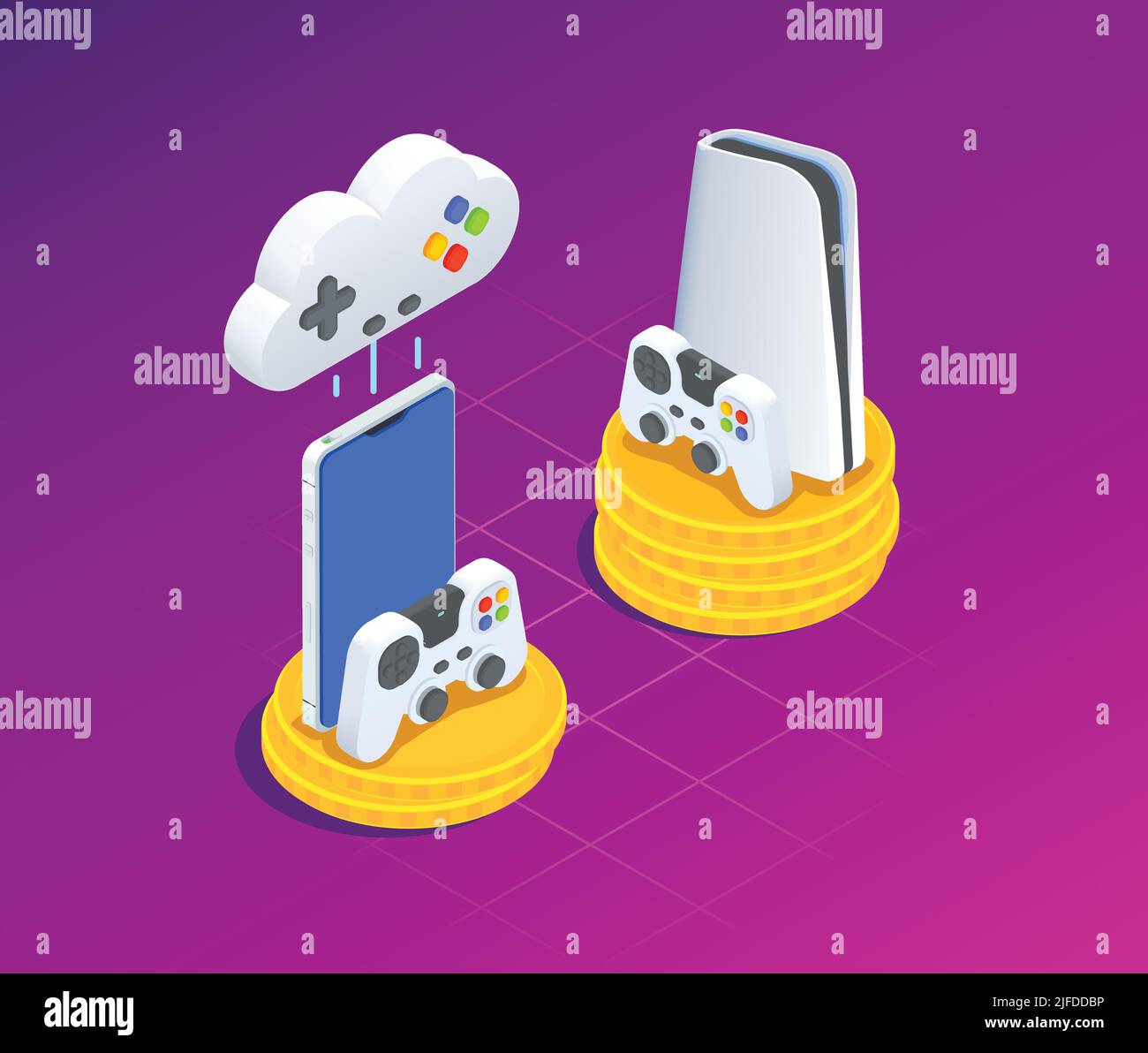 Cloud gaming isometric composition with console and joystick symbols ...