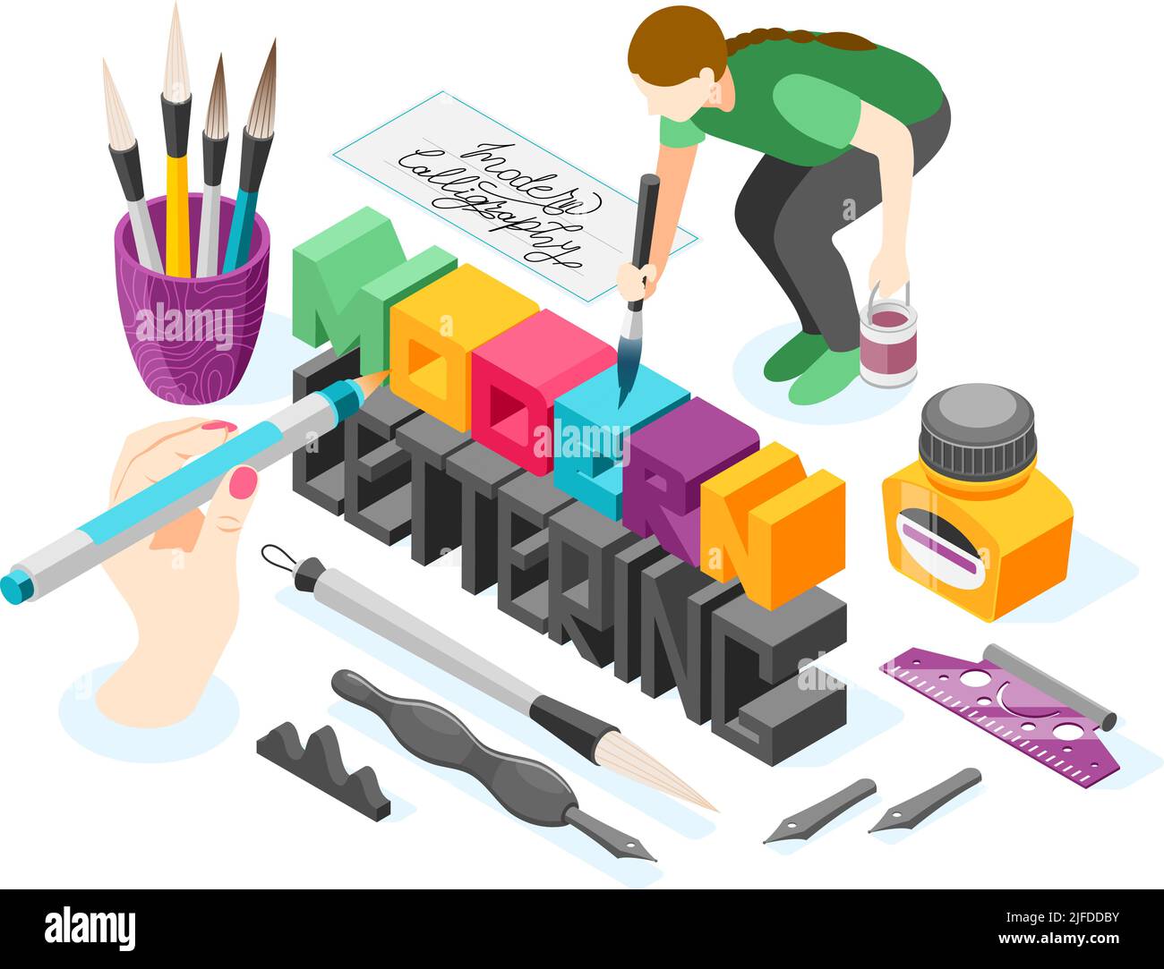 Hobby calligraphy isometric composition with colorful words and human ...