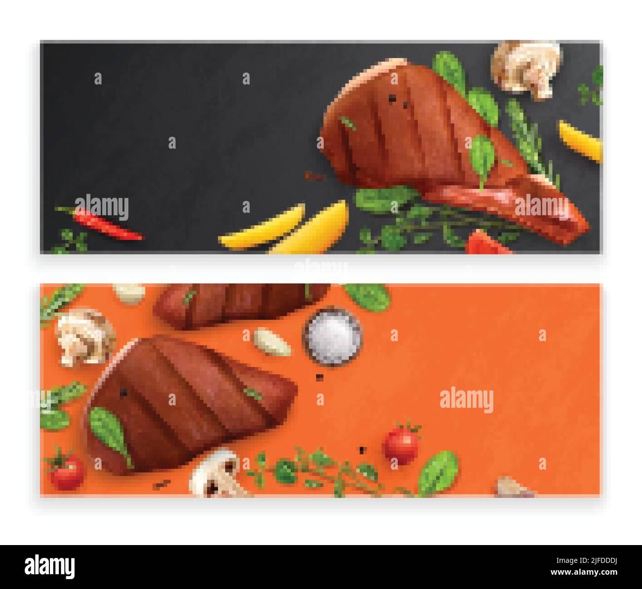 Roasted meat vegetables bbq grill set of two horizontal banners with ...