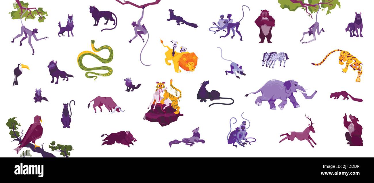 Animal set with flat isolated icons and characters of exotic animals ...