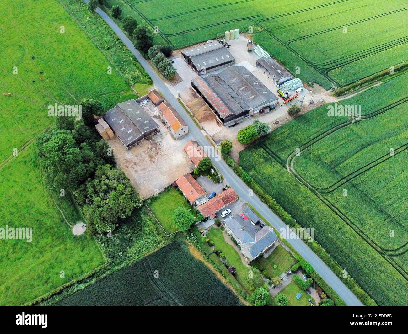 Aerial view of a farm in the countryside of North Yorkshire in the ...
