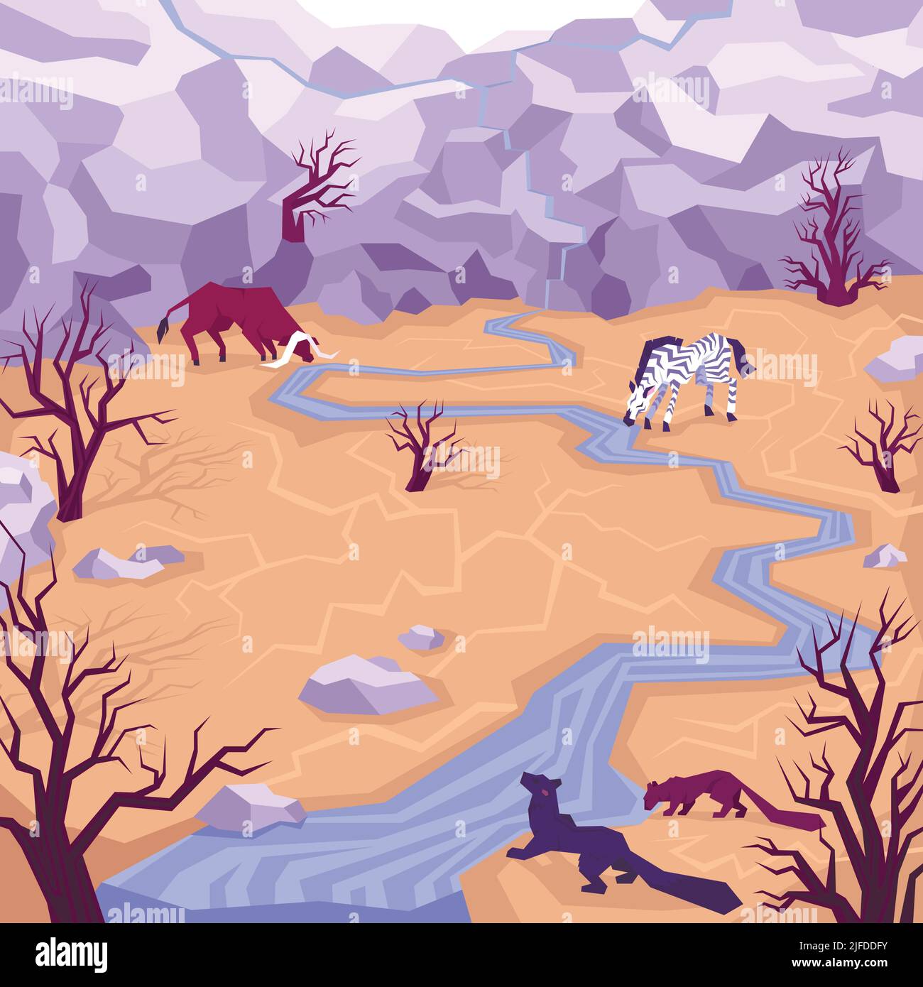 Landscape flat composition with outdoor view of drylands with dried ...