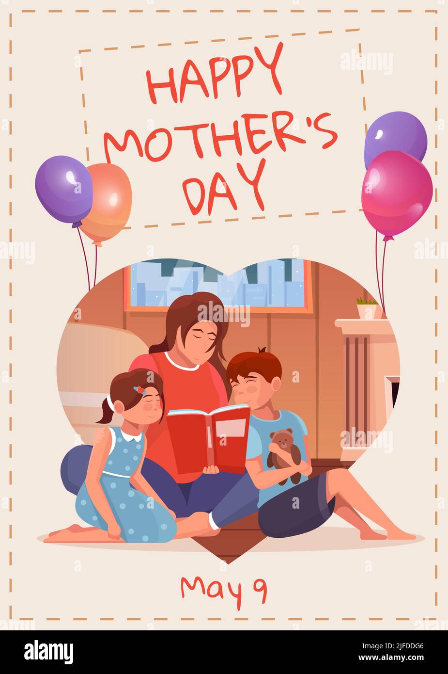 Happy mothers day greeting card with mom reading book to her children ...