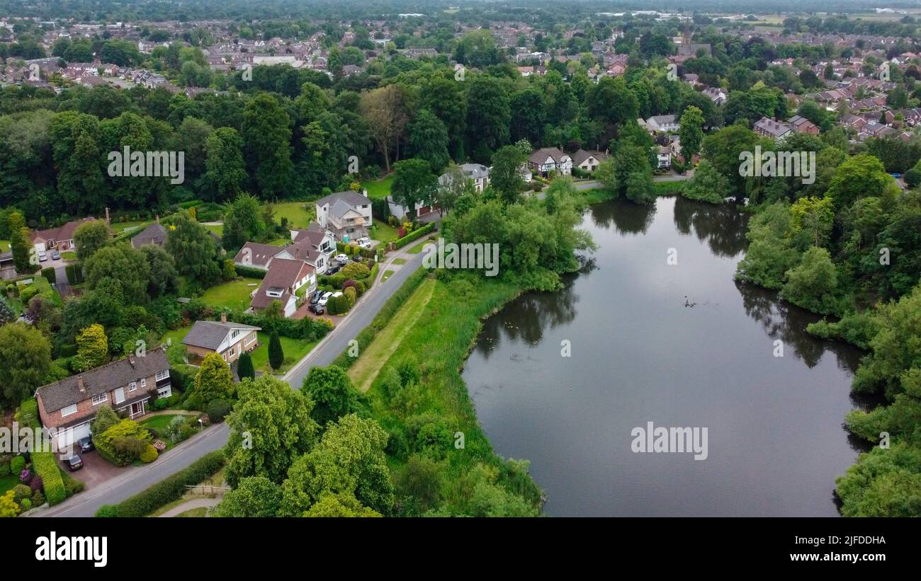 Aerial view of Poynton Pool in Poynton, south of Manchester in the ...