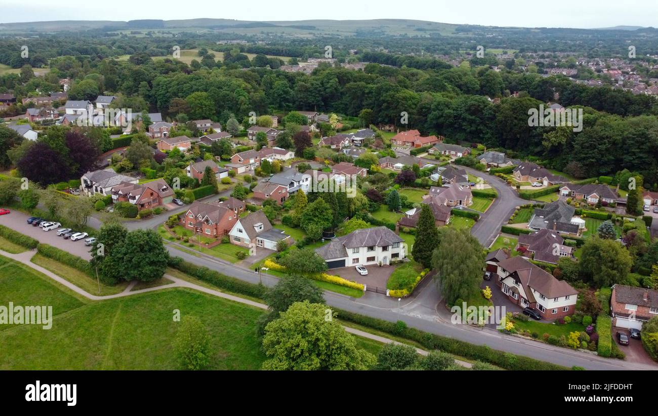 Aerial view of Poynton, south of Manchester in the northwest of England ...