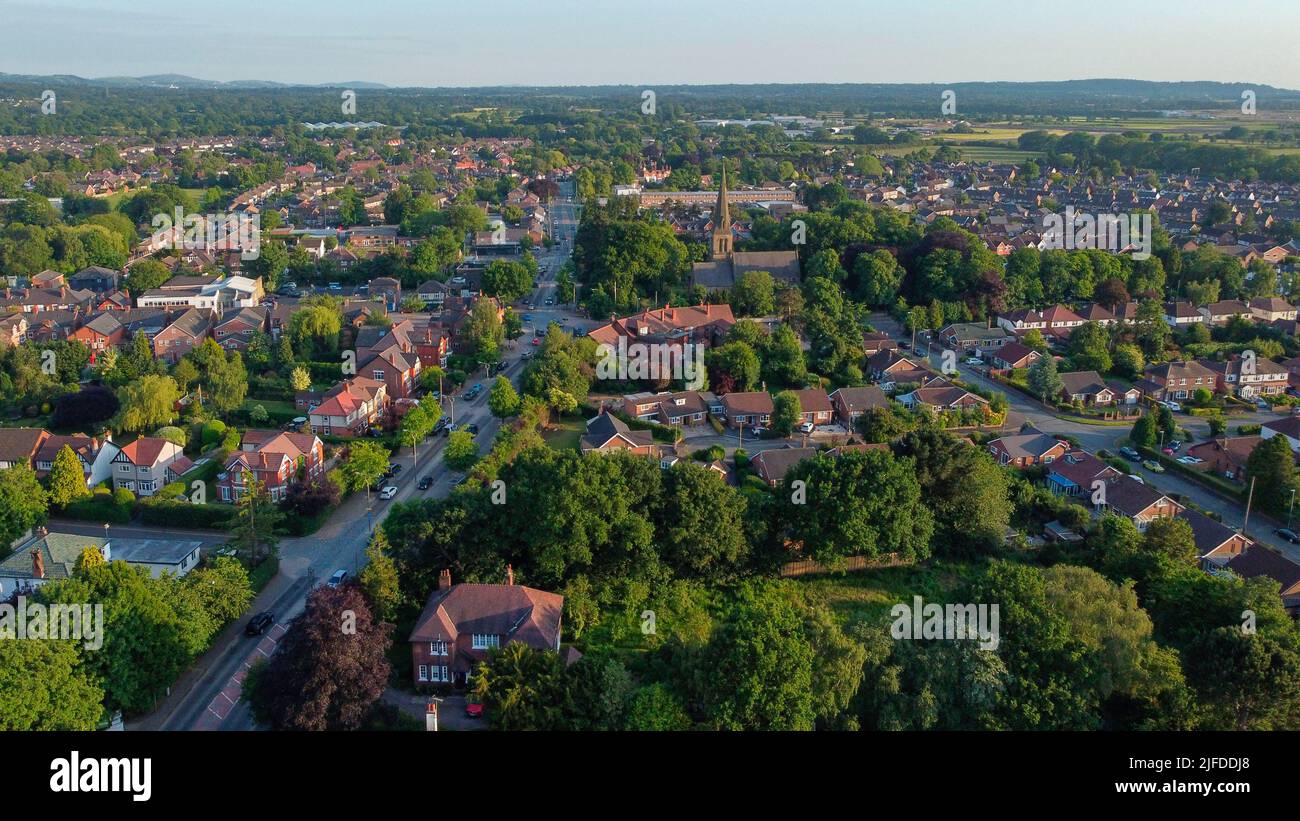 Aerial view of Poynton, south of Manchester in the northwest of England ...