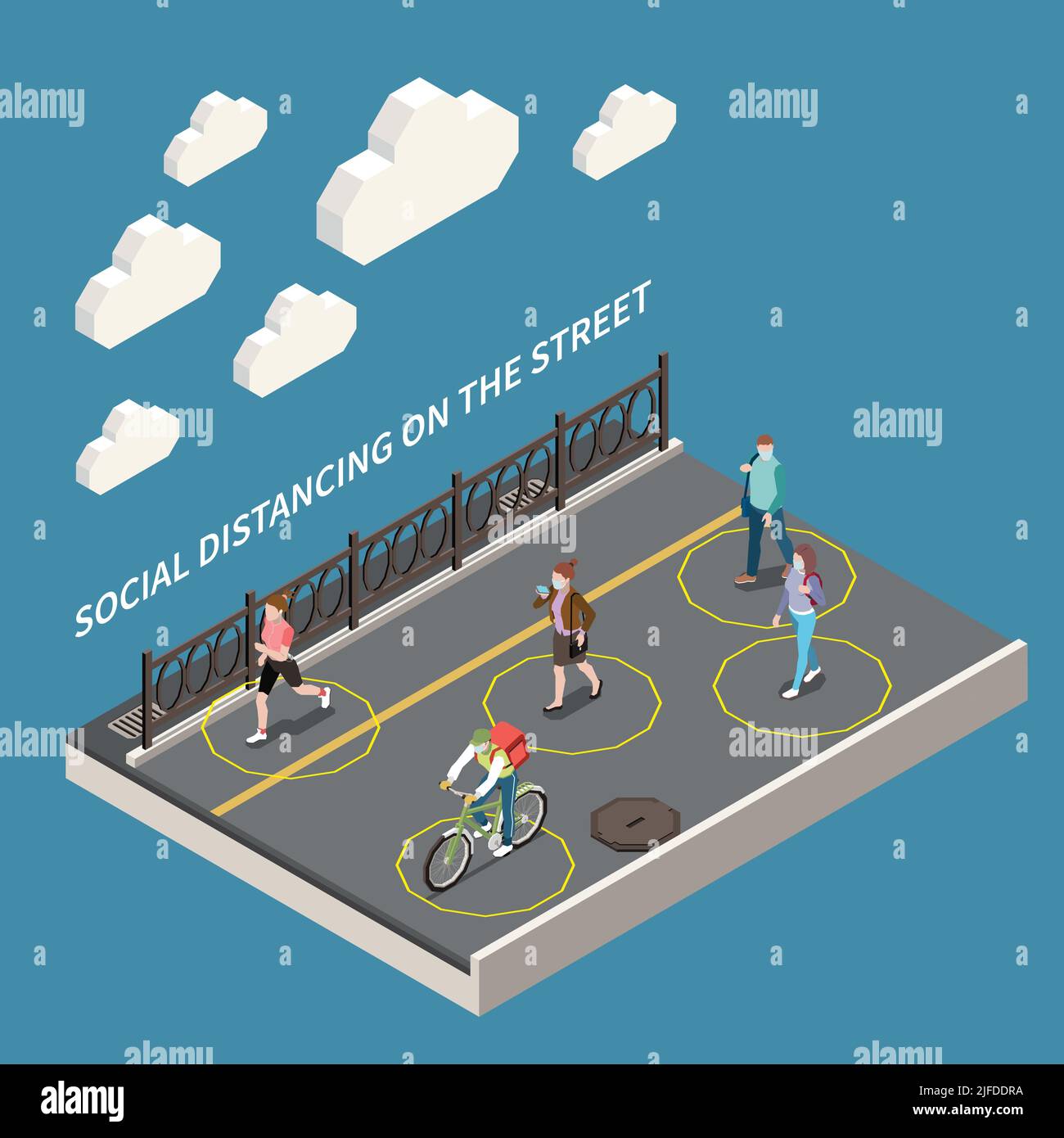 Social distancing isometric composition with outdoor scenery and ...