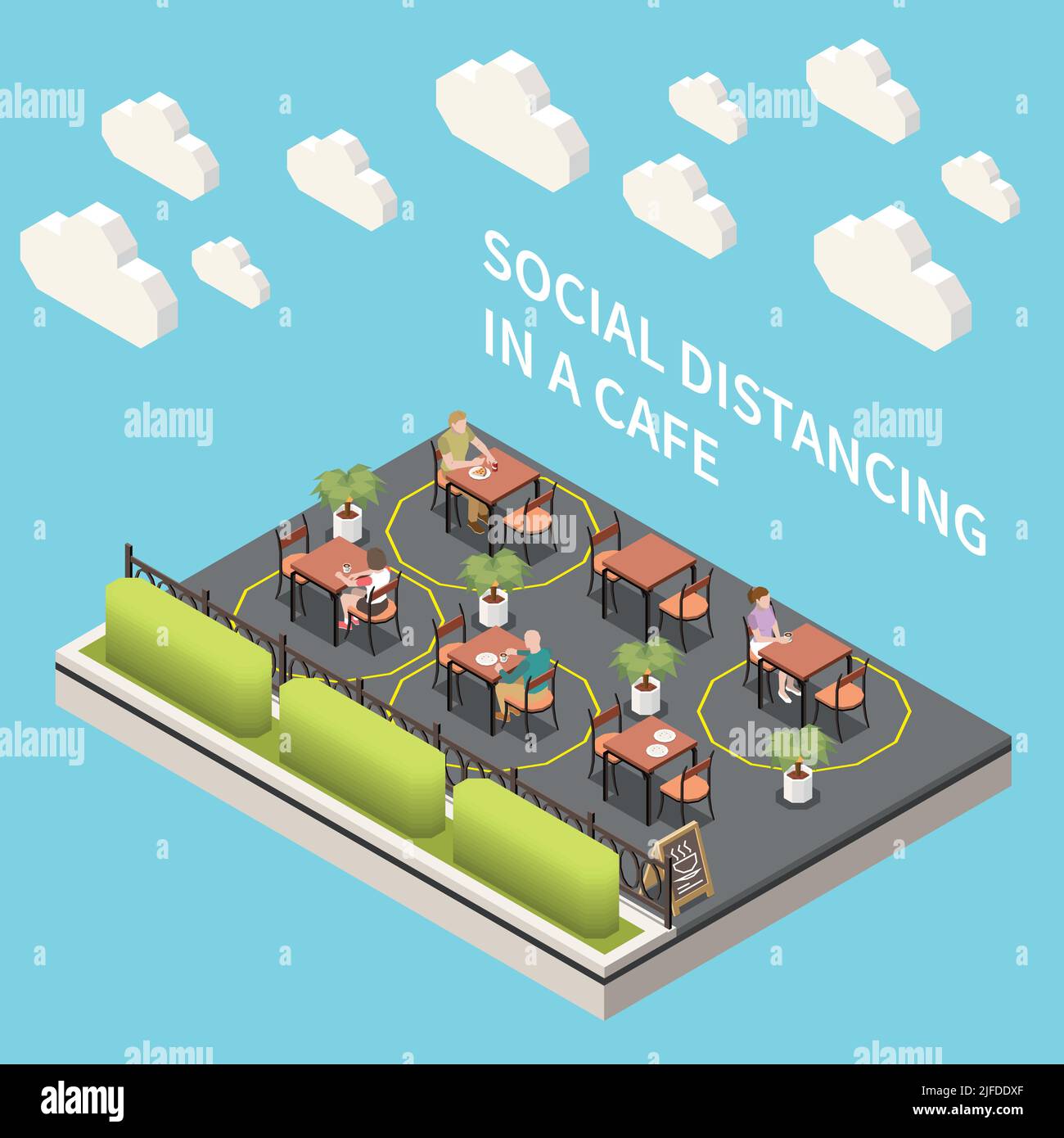 Social distancing isometric composition with editable text and people ...