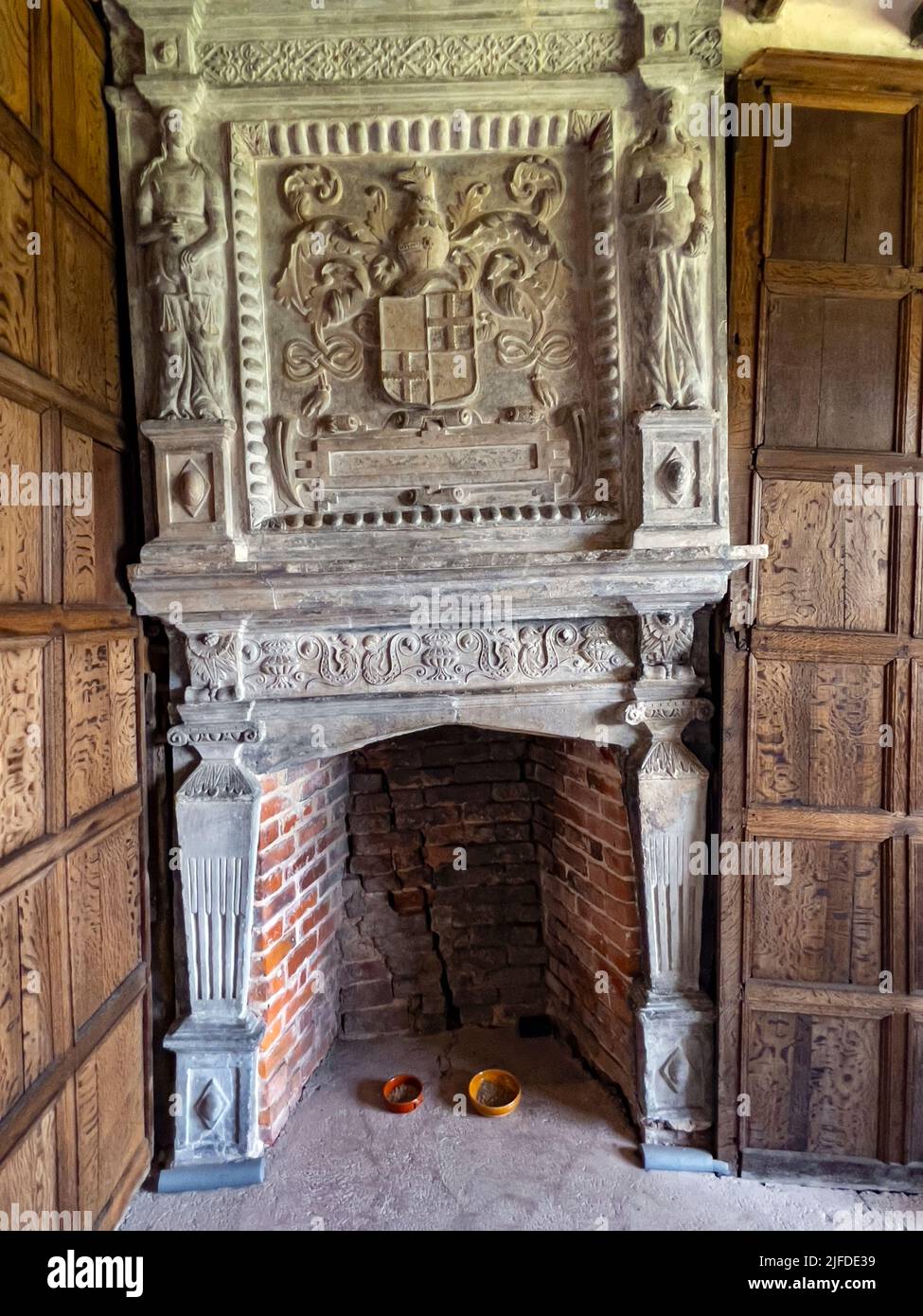 Fireplace in Little Moreton Hall, a 16th-century half-timbered Manor ...