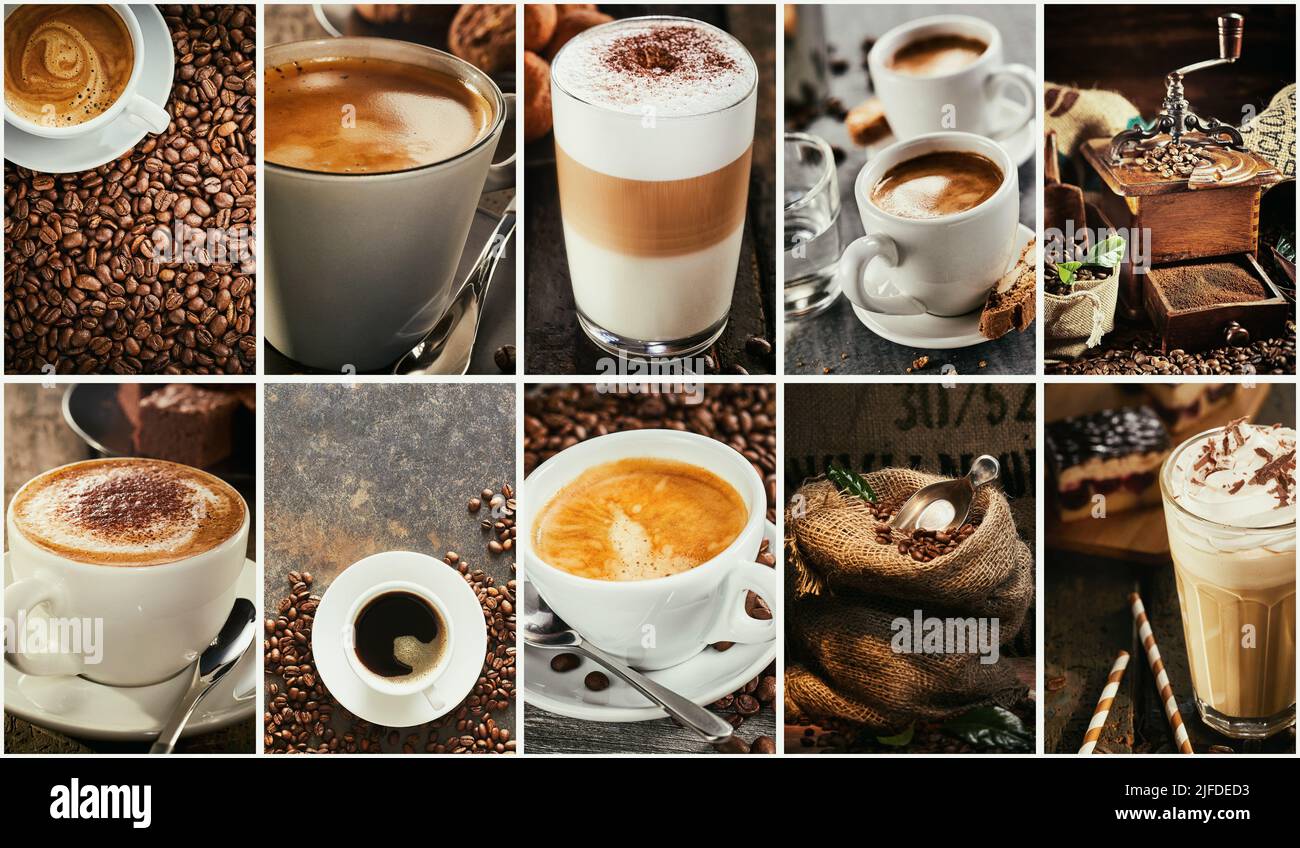 Collage of assorted freshly brewed aromatic coffee drinks served in ...