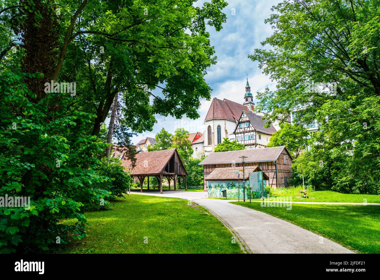 Germany, Waiblingen historical old town church steeple building behind ...