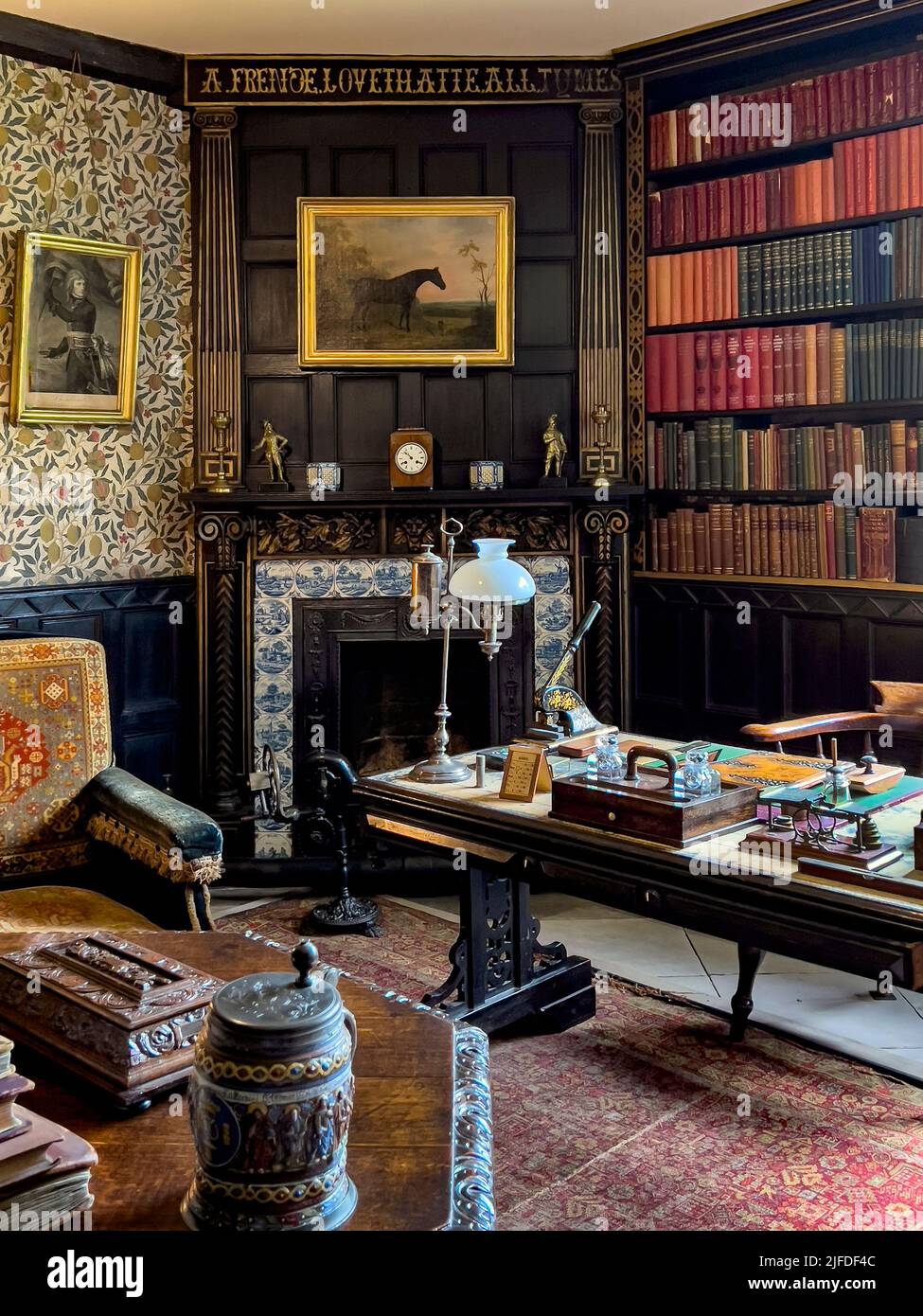 Room interior at Speke Hall, a wood-framed wattle-and-daub Tudor manor ...