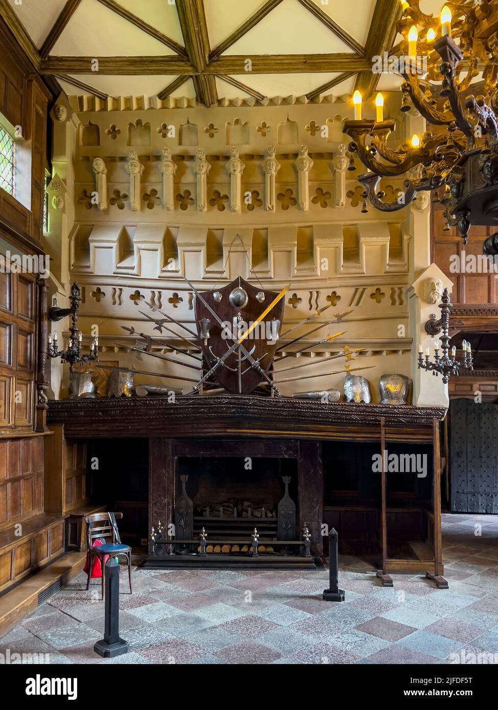 Room interior at Speke Hall, a wood-framed wattle-and-daub Tudor manor ...
