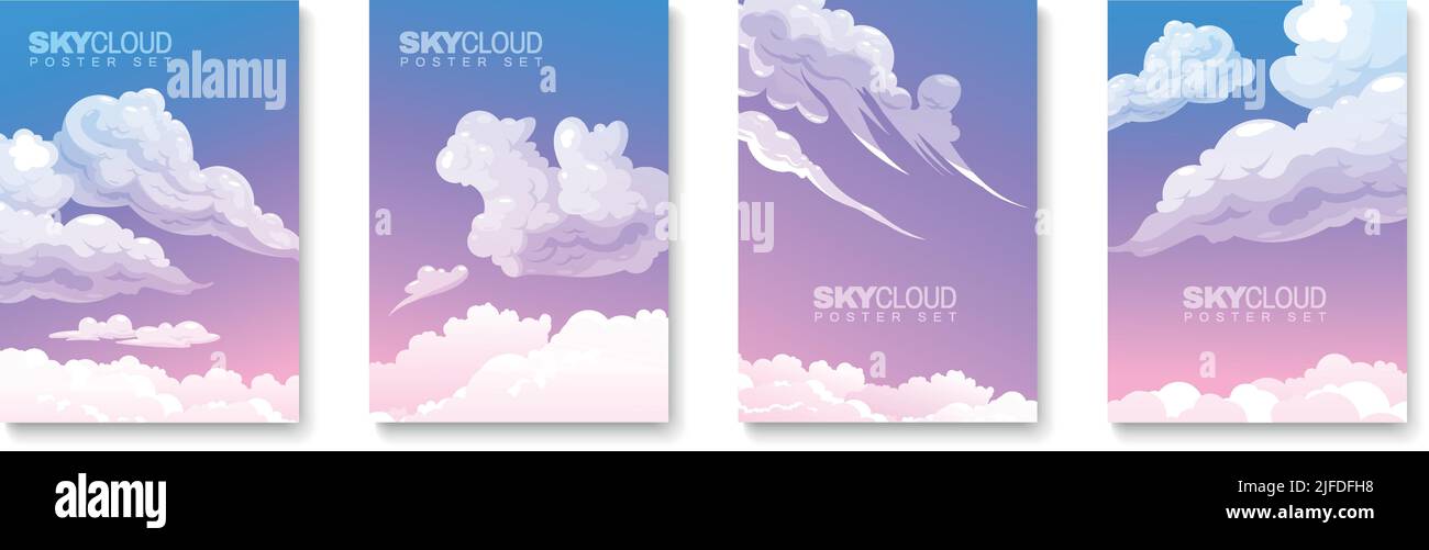 Four isolated posters with various shapes of white fluffy clouds on ...